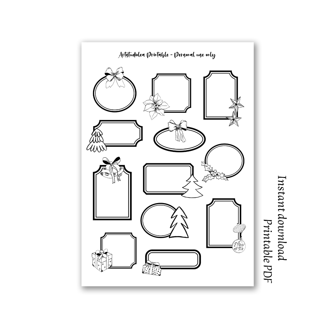 Christmas labels black and white A4 printable sticker sheet – ArtStudioLea