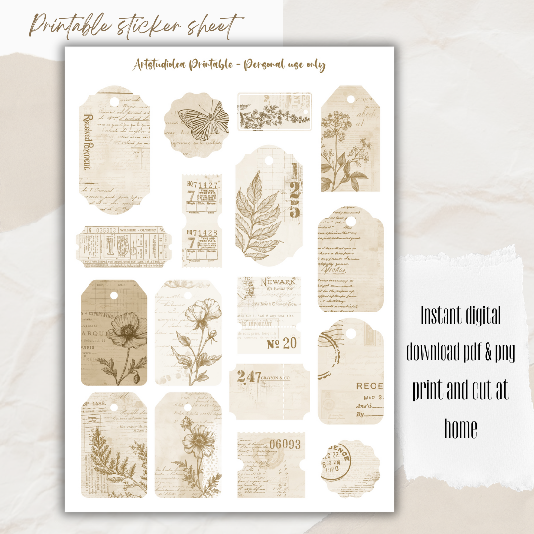 vintage tags and tickets printable DIN A4 sticker sheet – ArtStudioLea